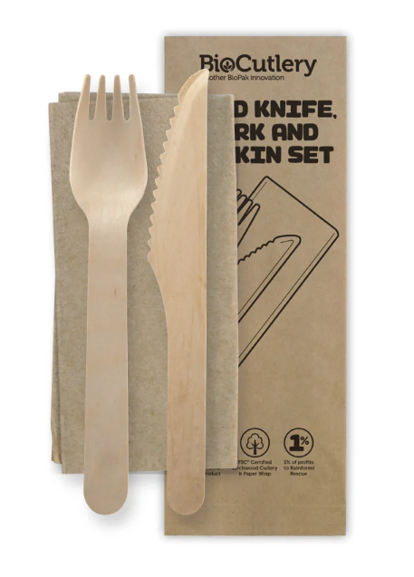 BioPak Compostable Wooden Fork, Knife & Napkin Cutlery Set Carton of 400