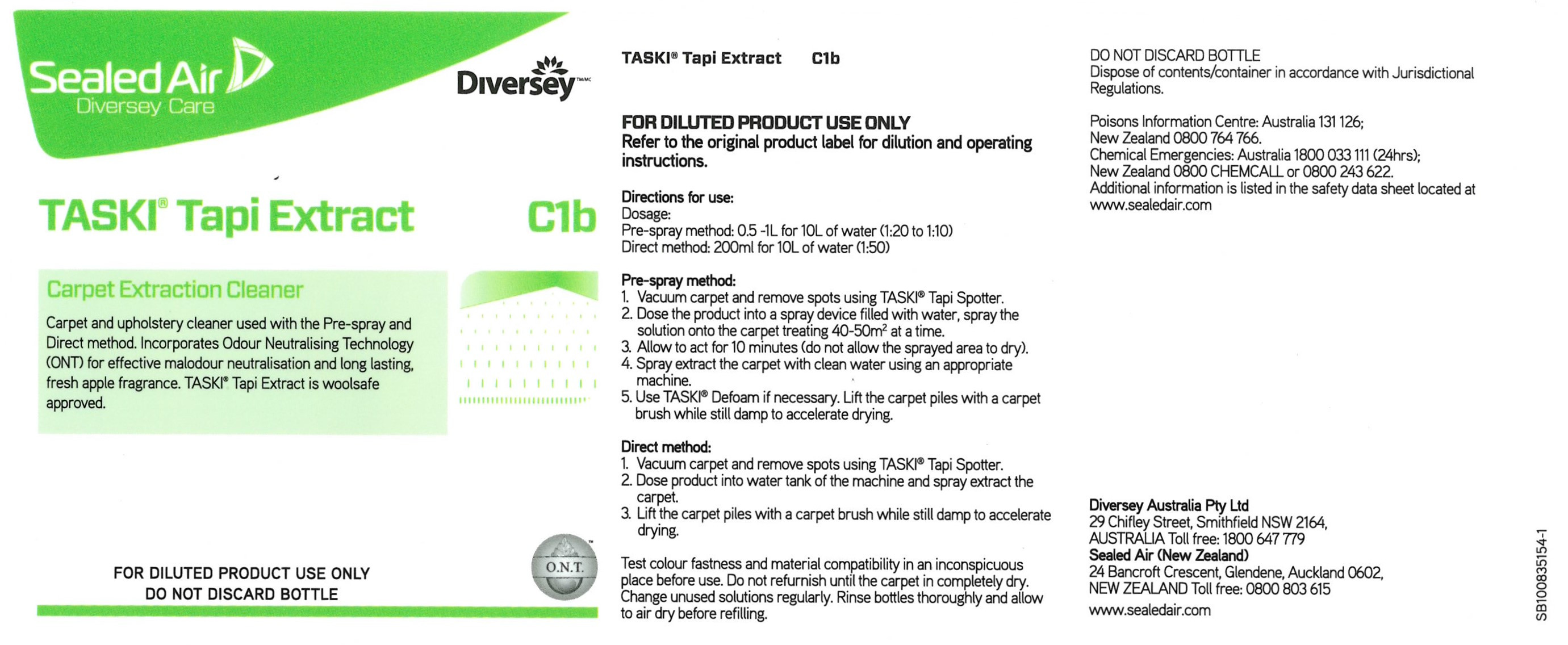 Label For Diversey Taski Tapi W1779+ Carpet Extraction Cleaner